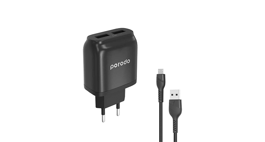 Porodo Dual USB Wall Charger 2.4A + 1.2m Micro USB Cable - Black (EU)