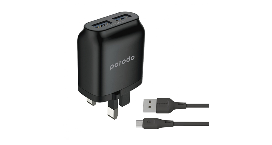 Porodo Dual USB Wall Charger 2.4A with 1.2m PVC Micro USB Cable - Blac