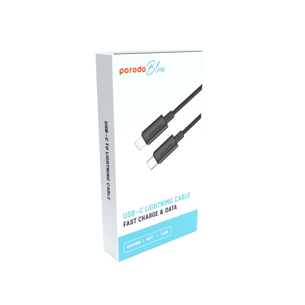 Porodo Blue 20W PD Type-C to Lightning PVC Cable (1.2M) - Black