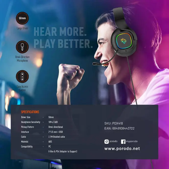 Porodo Gaming RGB Headphone with Detachable Microphone - Black | Porodo