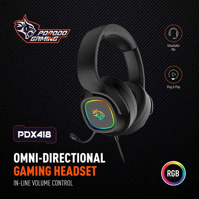 Porodo Gaming RGB Headphone with Detachable Microphone - Black | Porodo