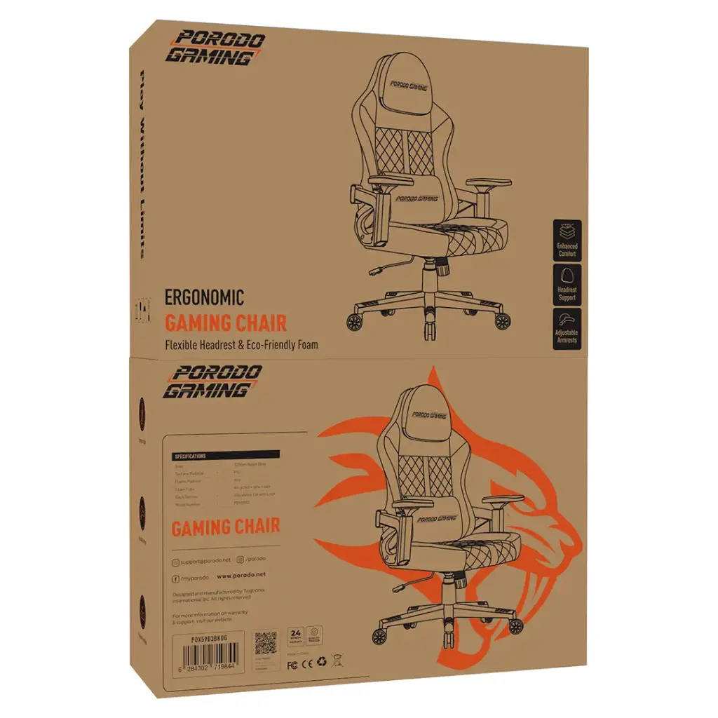 Porodo Gaming Ergonomic Gaming Chair - Black/Orange