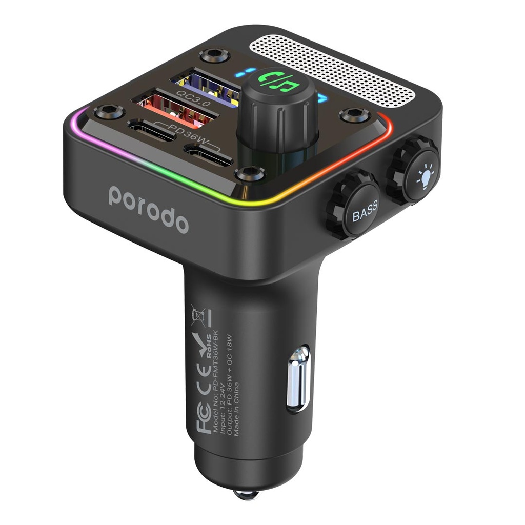 Porodo Quick-Charge FM Car Charger (Dual USB-C & USB-A) PD 36W - Black